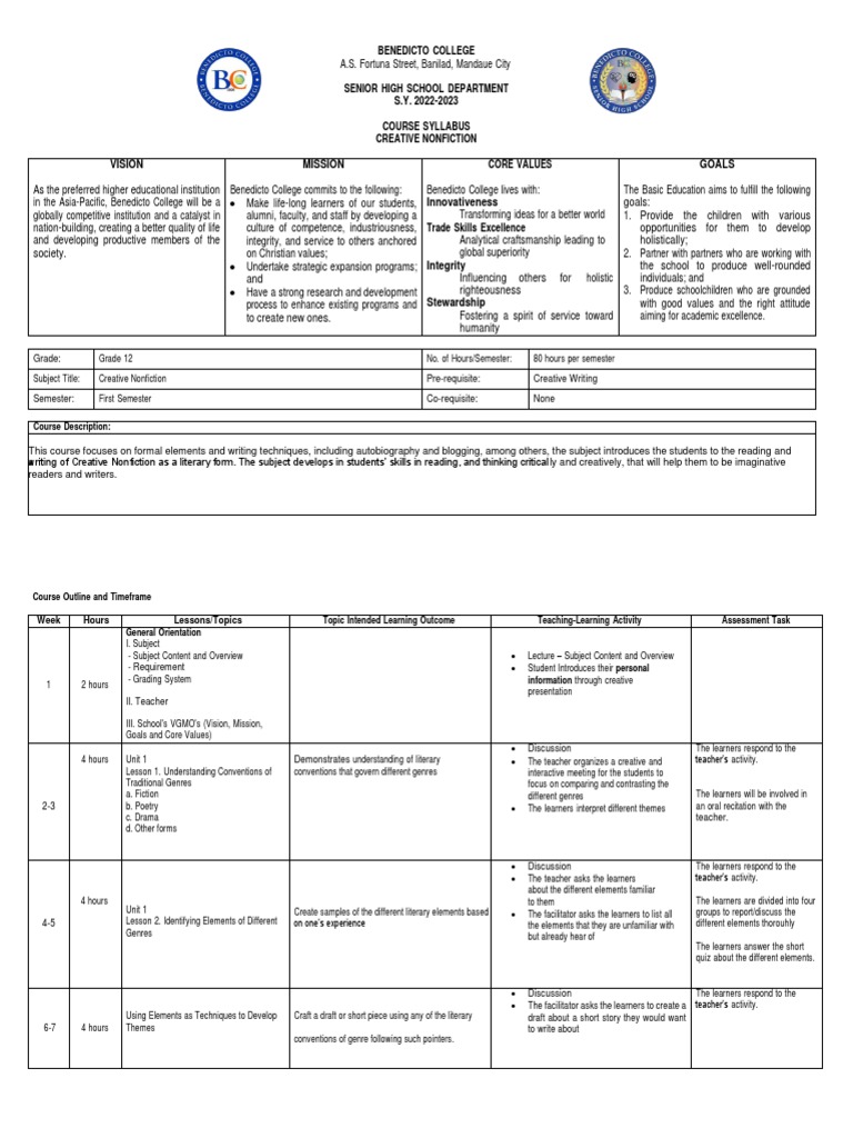 Creative Nonfiction (CN) Syllabus | PDF | Learning | Genre