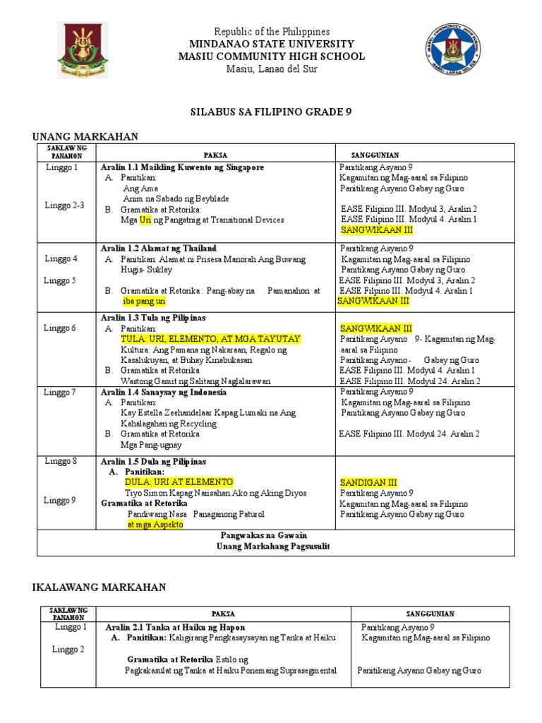 Silabus Sa Filipino Grade 9-Outline and Edits-1 | PDF