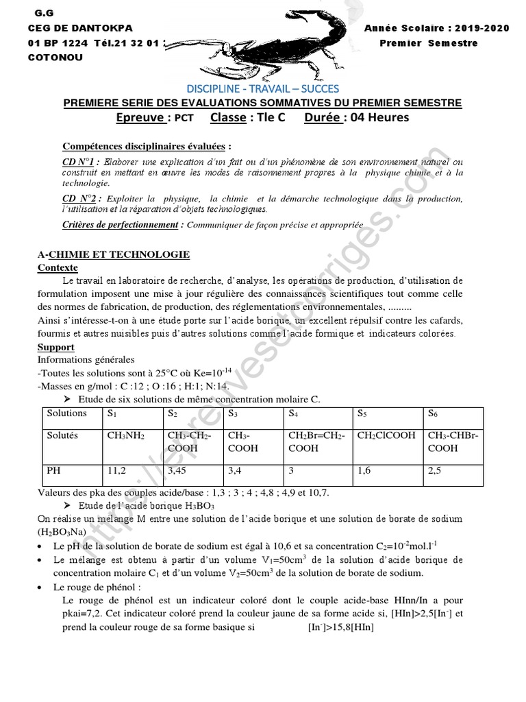 1er Devoir Du 1er Semestre PCT Tle C 2019-2020 Ceg Dantokpa | PDF | Sciences et mathématiques