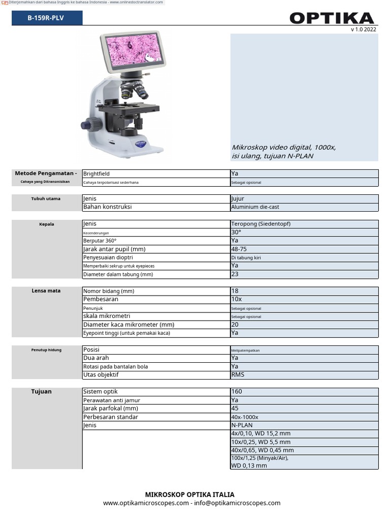 OPTIKA B-159R-PLV Technical Datasheet EN - En.id | PDF