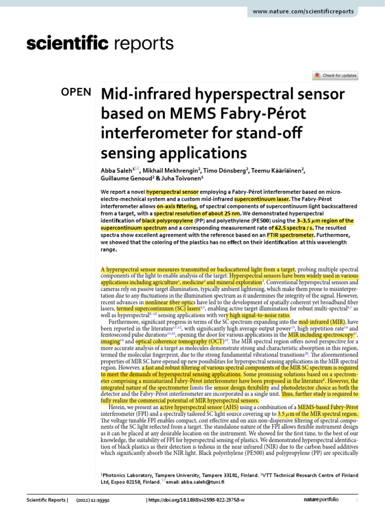 Mid Infrared Hyperspectral Sensor Based On MEMS Fabry Pérot Interferometer For Stand Off Sensing ...