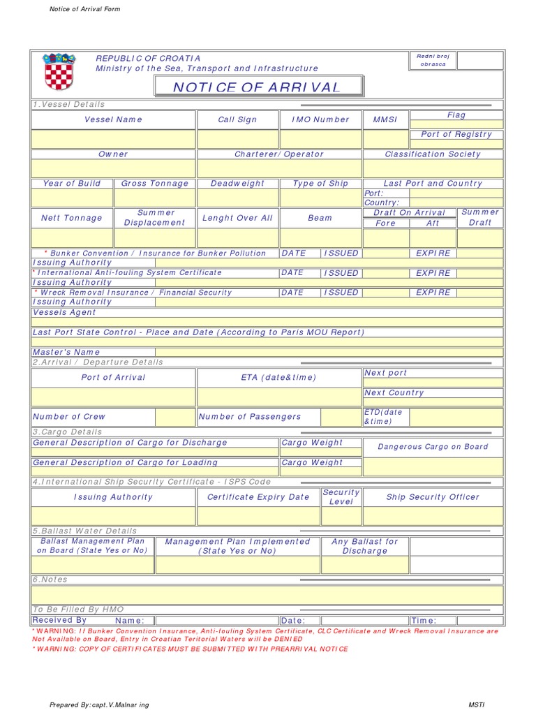 Ship Arrival Notice Form | PDF