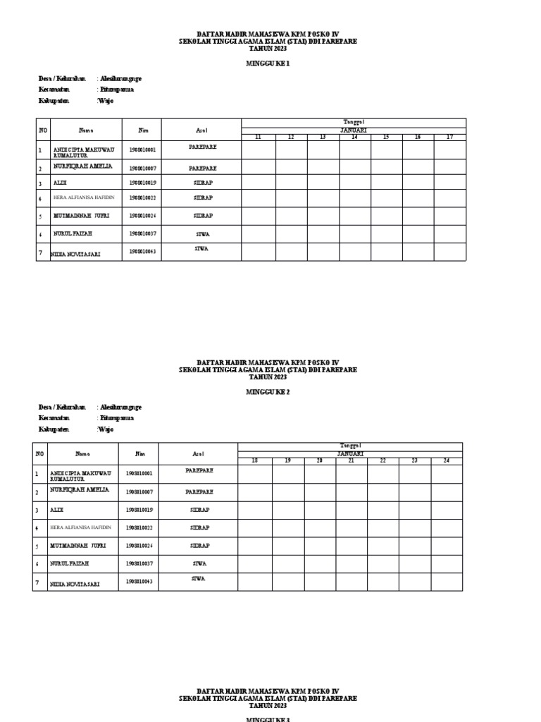 Absen KPM Perminggu | PDF