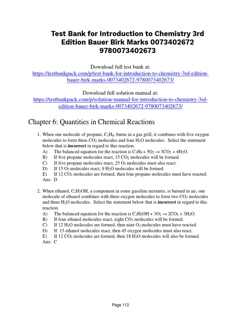 Introduction To Chemistry 3rd Edition Bauer Test Bank Download | PDF