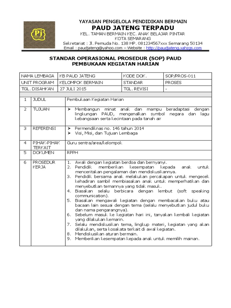 SOP Pembukaan Kegiatan Harian PAUD | PDF