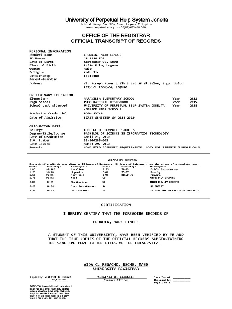 University of Perpetual Help System Jonelta - TOR (TRUE COPY) - Wang | PDF