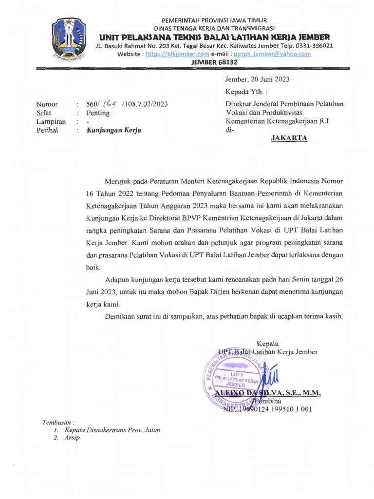 Surat Kunjungan Kerja UPT BLK Jember | PDF