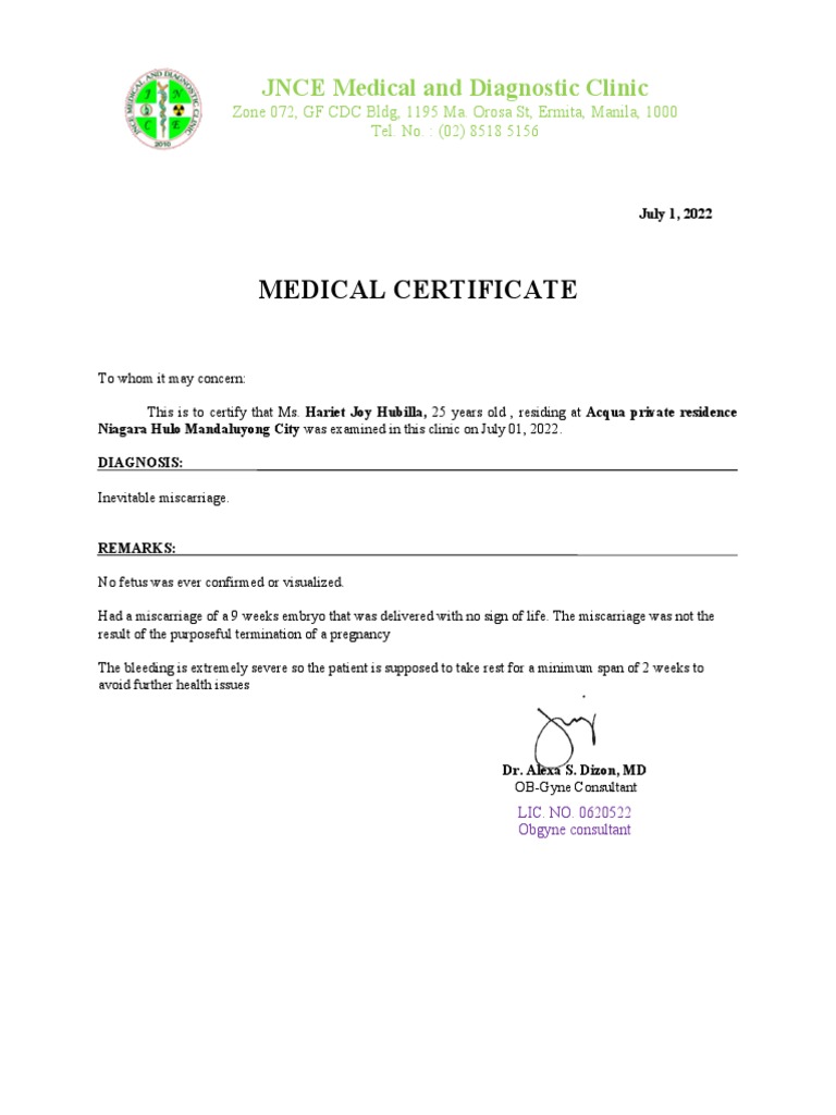 Jnce Medical and Diagnostic Clinic - Medical Certificate | PDF