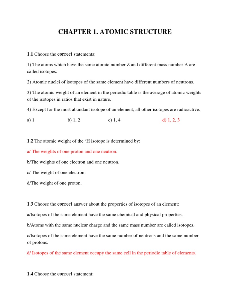 Chapter 1 - Atomic Structure - Exercises | PDF