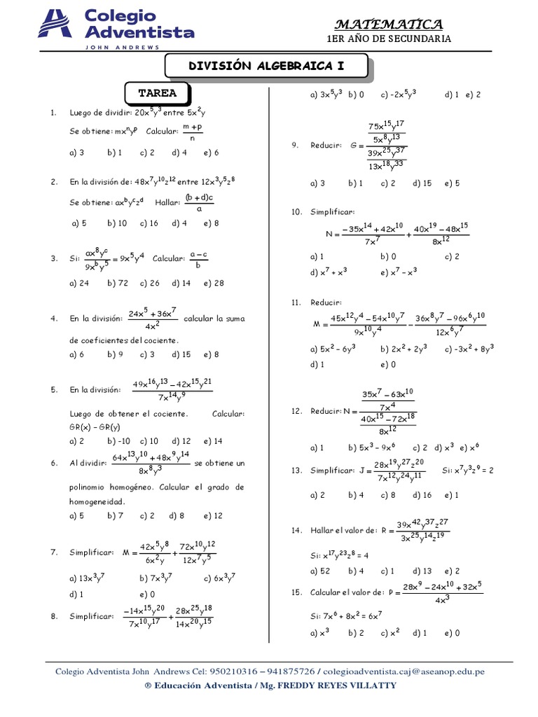 EJERCICIOS - División Algebraica I | PDF