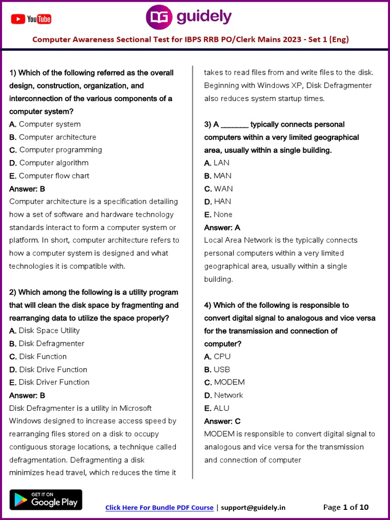 Computer Awareness Sectional Test For IBPS RRB PO/Clerk Mains 2023 ...