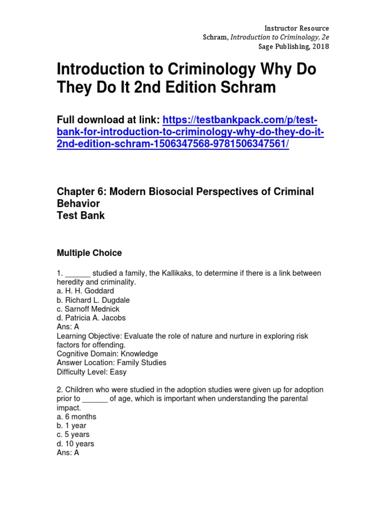 Introduction To Criminology Why Do They Do It 2nd Edition Schram Test ...