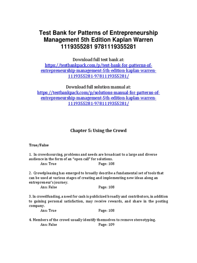 Patterns of Entrepreneurship Management 5th Edition Kaplan Test Bank 1 ...