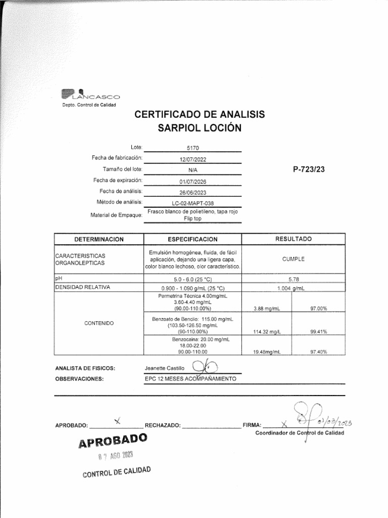 Sarpiol Loción 12 M (Acompañamiento) Lote 5170 | PDF