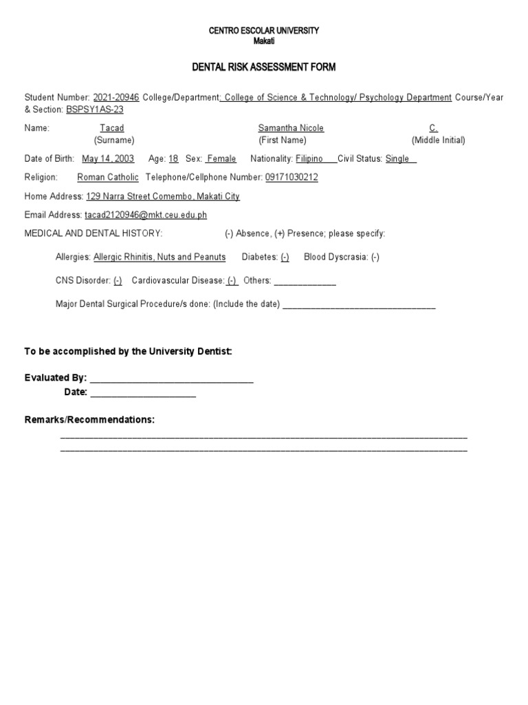 Dental Risk Assessment Form | Download Free PDF | Dentistry | Oral Hygiene