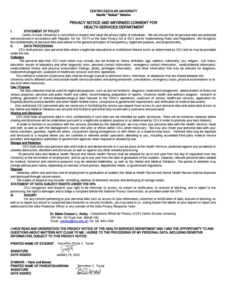 CEU Health Services Privacy Notice | PDF | Privacy | Medical Diagnosis