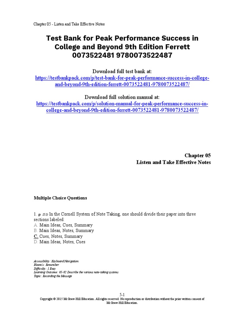 Peak Performance Success in College and Beyond 9th Edition Ferrett Test ...