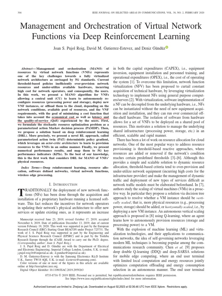 2019 Management And Orchestration Of Virtual Network Functions Via Deep Reinforcement Learning