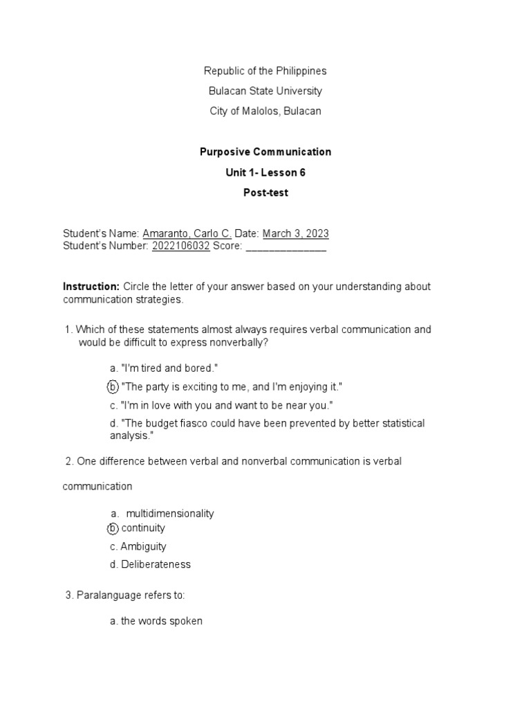 Purposive Communication Post-Test Guide | PDF | Career & Growth