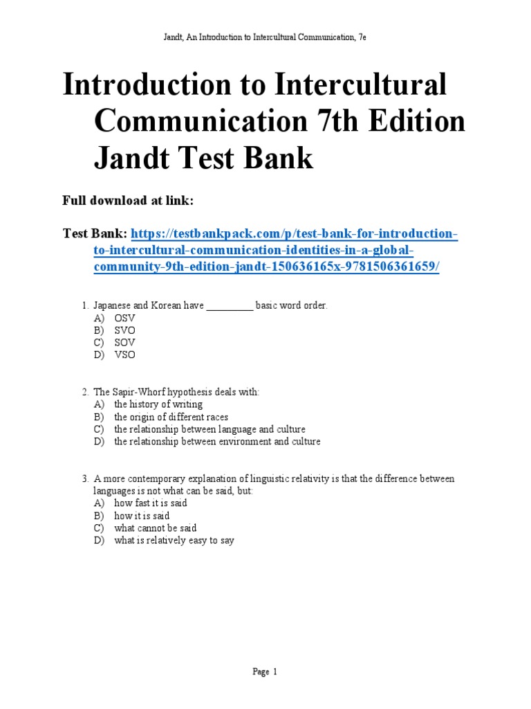 Introduction To Intercultural Communication 7th Edition Jandt Test Bank ...