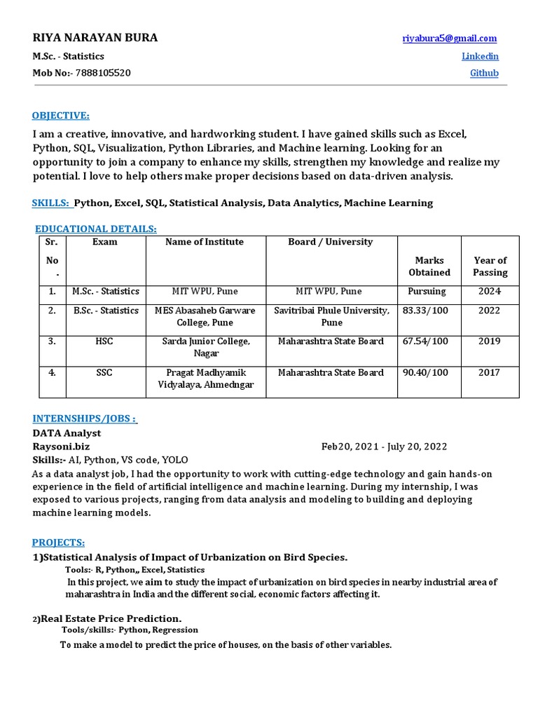 Riya Bura CV | PDF | Machine Learning | Statistics