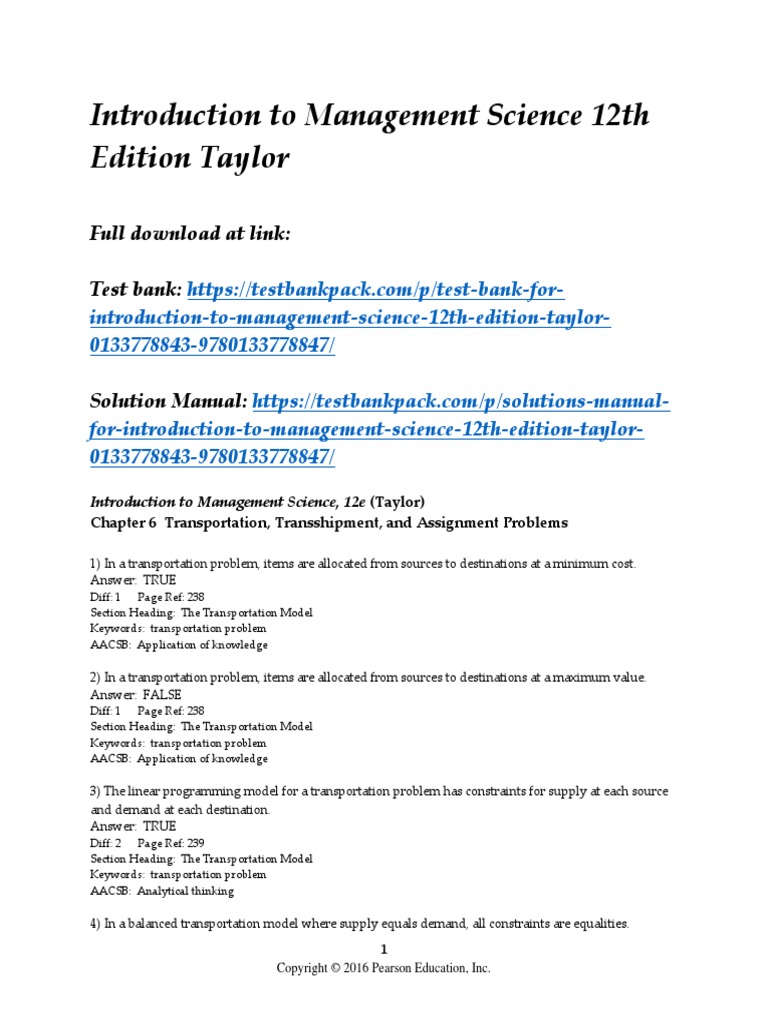Introduction To Management Science 12th Edition Taylor Test Bank ...