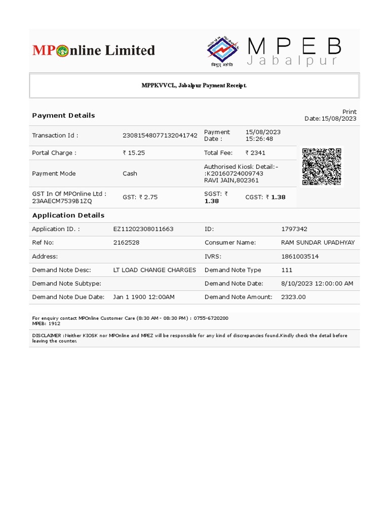 Payment Details: MPPKVVCL, Jabalpur Payment Receipt | PDF