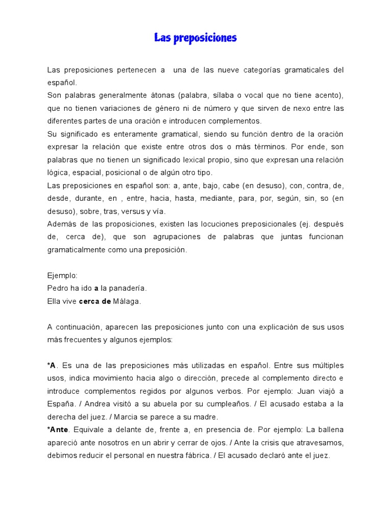 Las Preposiciones | PDF | Preposición y Postposición | Lingüística
