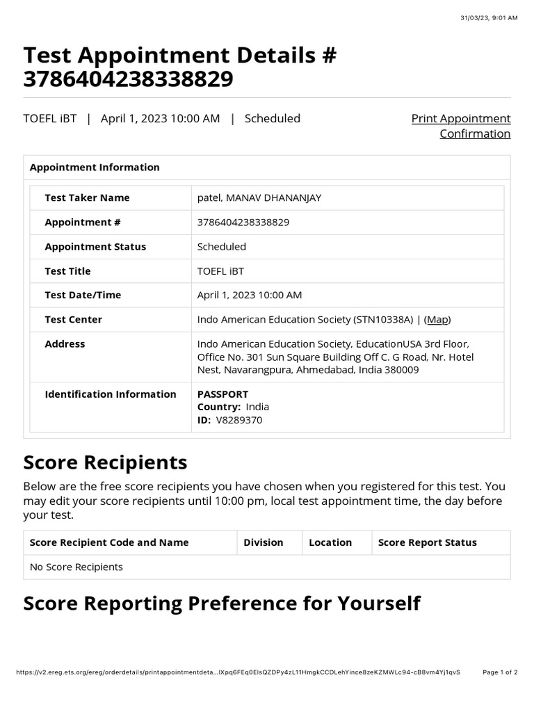 Test Appointment Details # 3786404238338829: Score Recipients | PDF