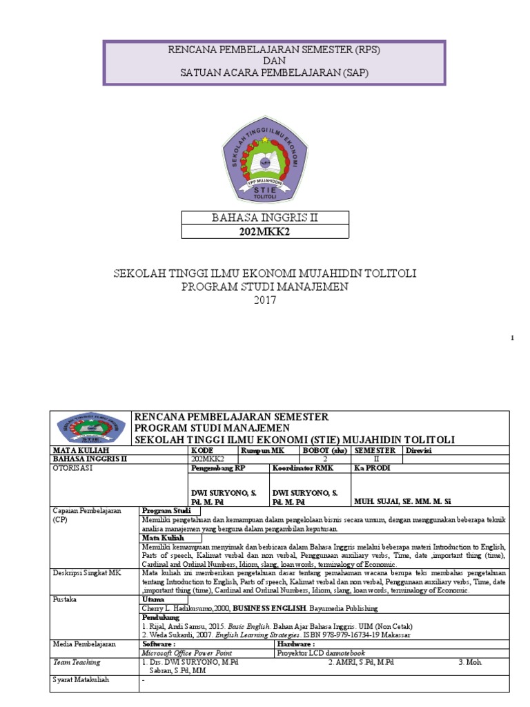RPS Dan Sap Bahasa Inggris Ii Manajemen | PDF | Karier & Perkembangan | Kajian Bahasa Asing