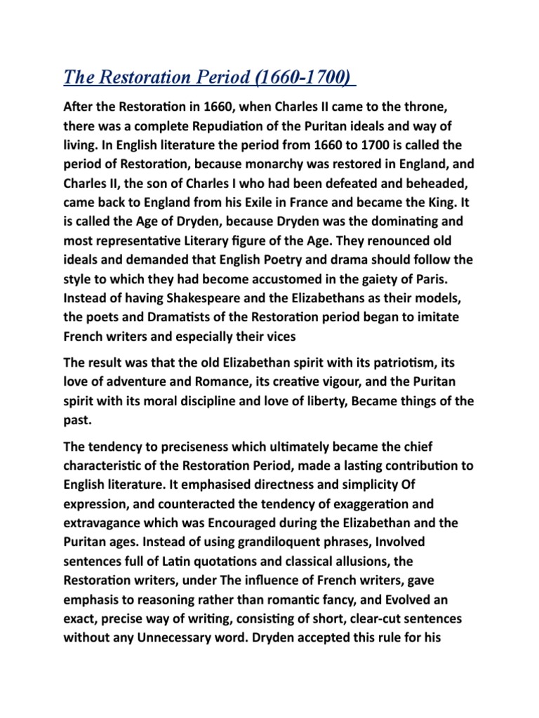 Restoration Period in English Literature | PDF | General Fiction