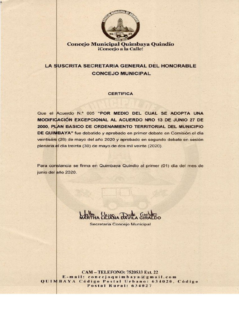 PBOT QUIMBAYA 2020 16401 - Acuerdo-005 | PDF