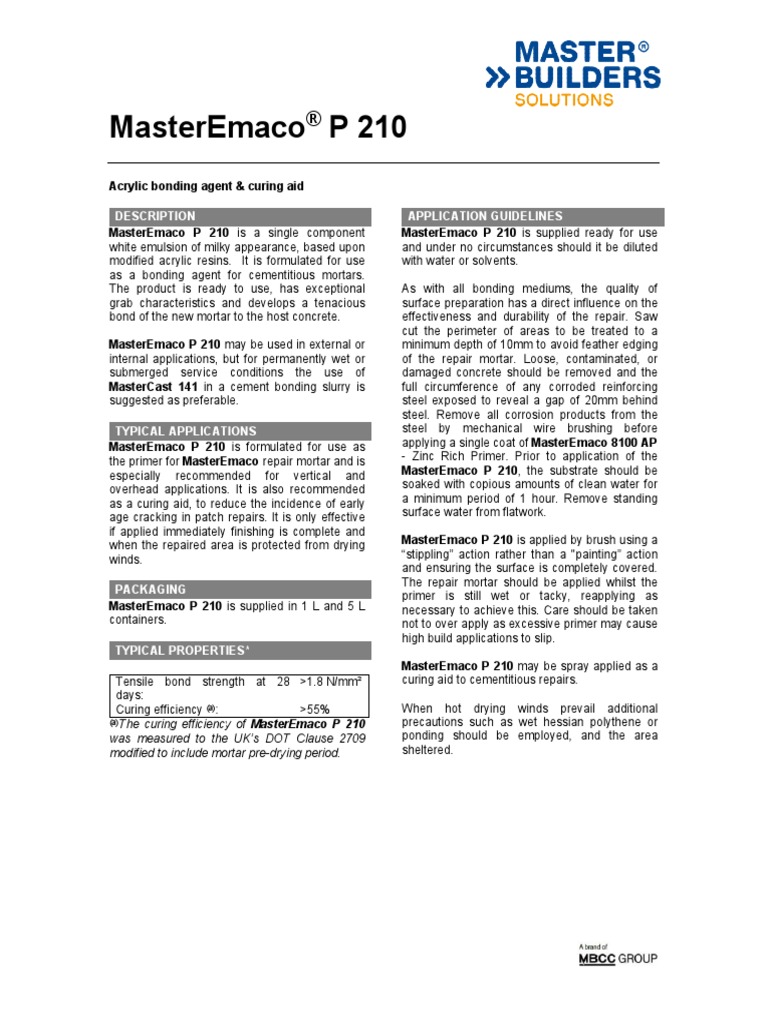 Masteremaco P 210 Tds | PDF | Concrete | Corrosion