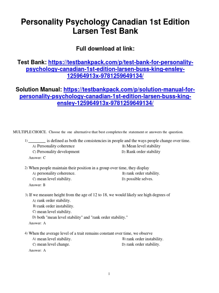 Personality Psychology Canadian 1st Edition Larsen Test Bank 1 | PDF ...