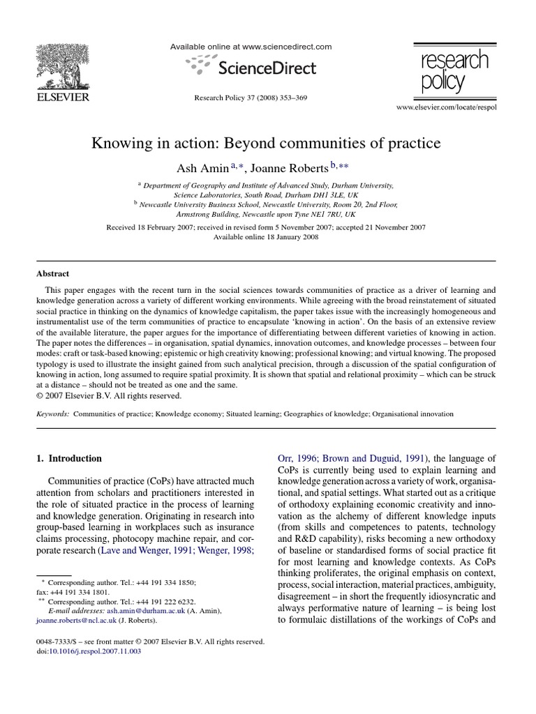 Amin, A. and Roberts, J., 2008. Knowing in Action. Beyond Communities ...