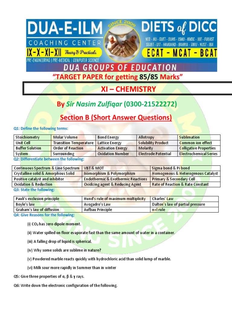 XI Chemistry Target Paper 2023 (Sir Nasim Zulfiqar) | PDF | Chemical Reactions | Gases