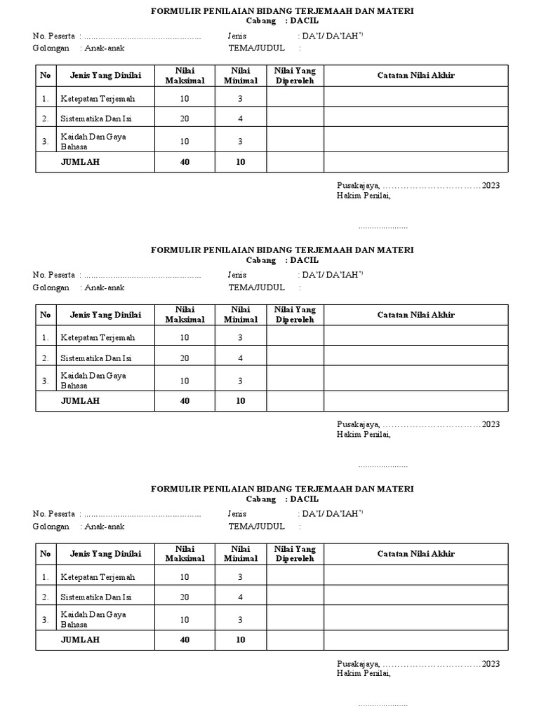 Formulir Penilaian Terjemah DACIL | PDF