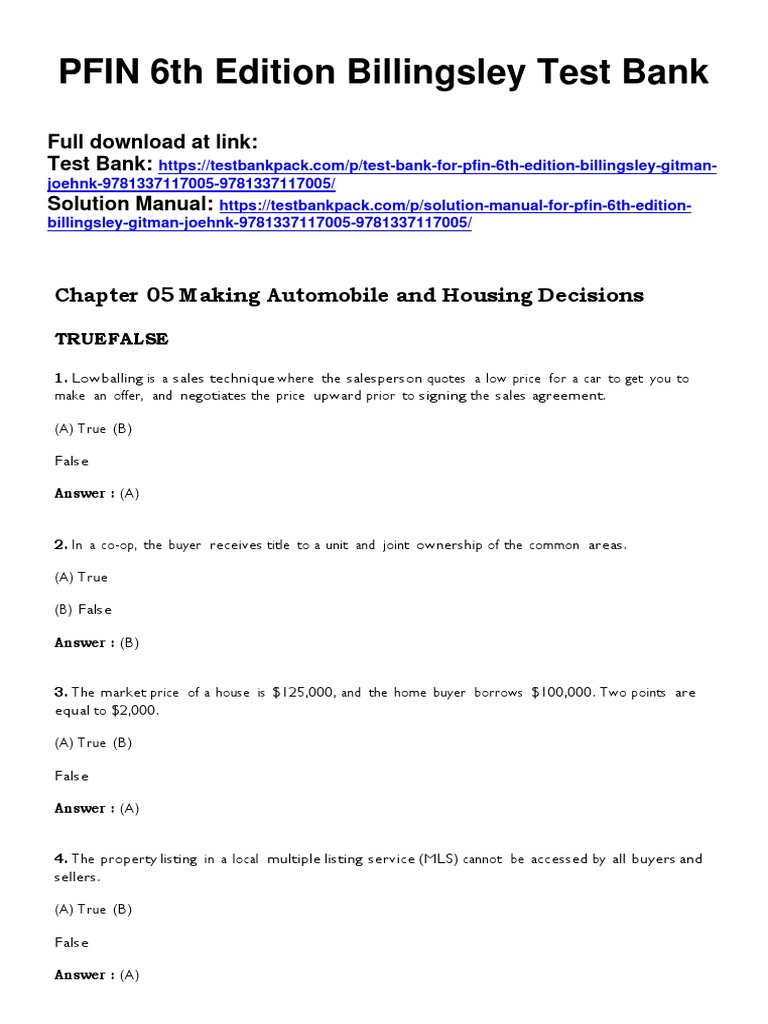 PFIN 6th Edition Billingsley Test Bank 1 | PDF