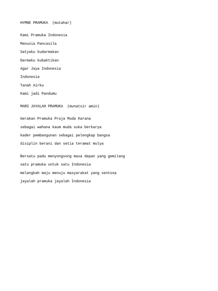 Hymne Pramuka Dan Mars Jayalah Pramuka | PDF