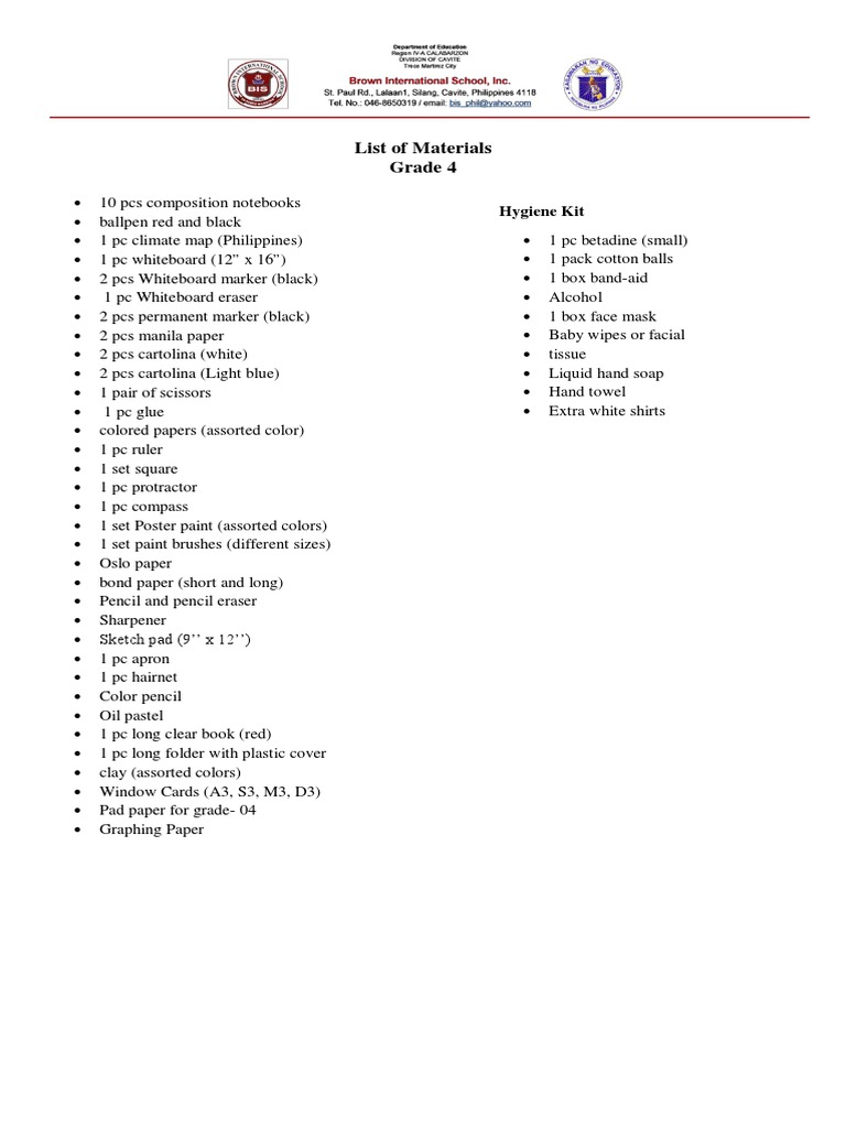 List of Materials Grade 4dd | PDF