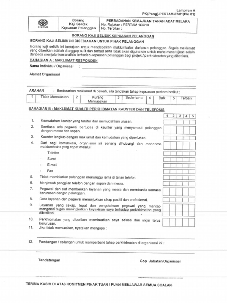 Borang Kaji Selidik Kepuasan Pelanggan | PDF