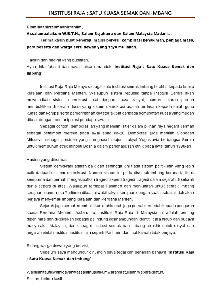 Institusi Raja Satu Kuasa Semak Dan Imbang | PDF