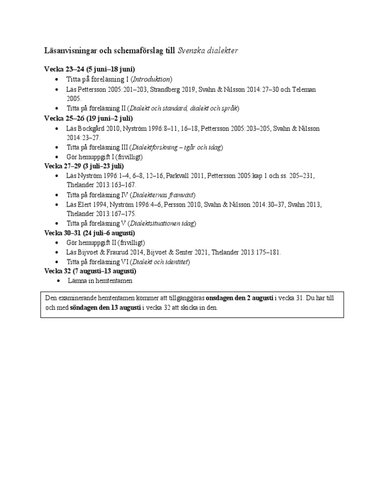 Läsanvisningar Och Schemaförslag Till Svenska Dialekter | PDF