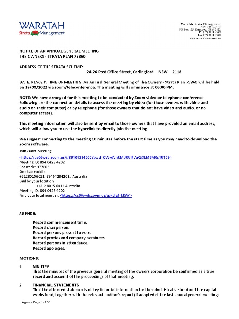 IMPORTANT Annual General Meeting Notice - Strata Plan 75860 24-26 Post ...