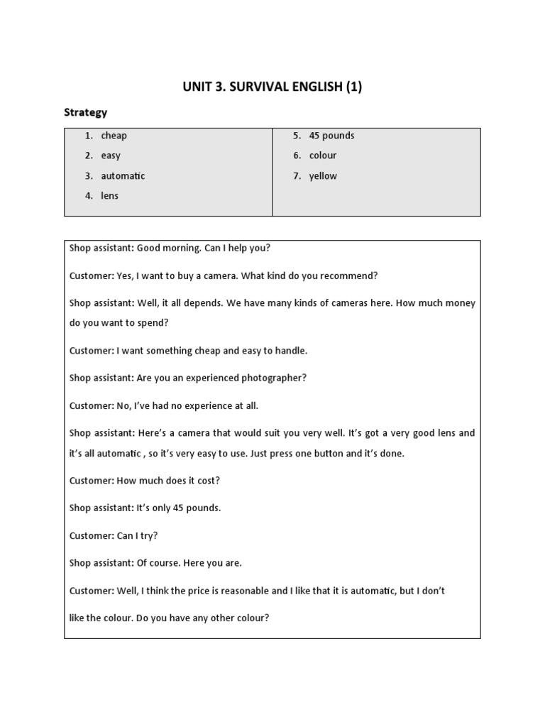 Unit 4. Survival English (1) - Key | PDF