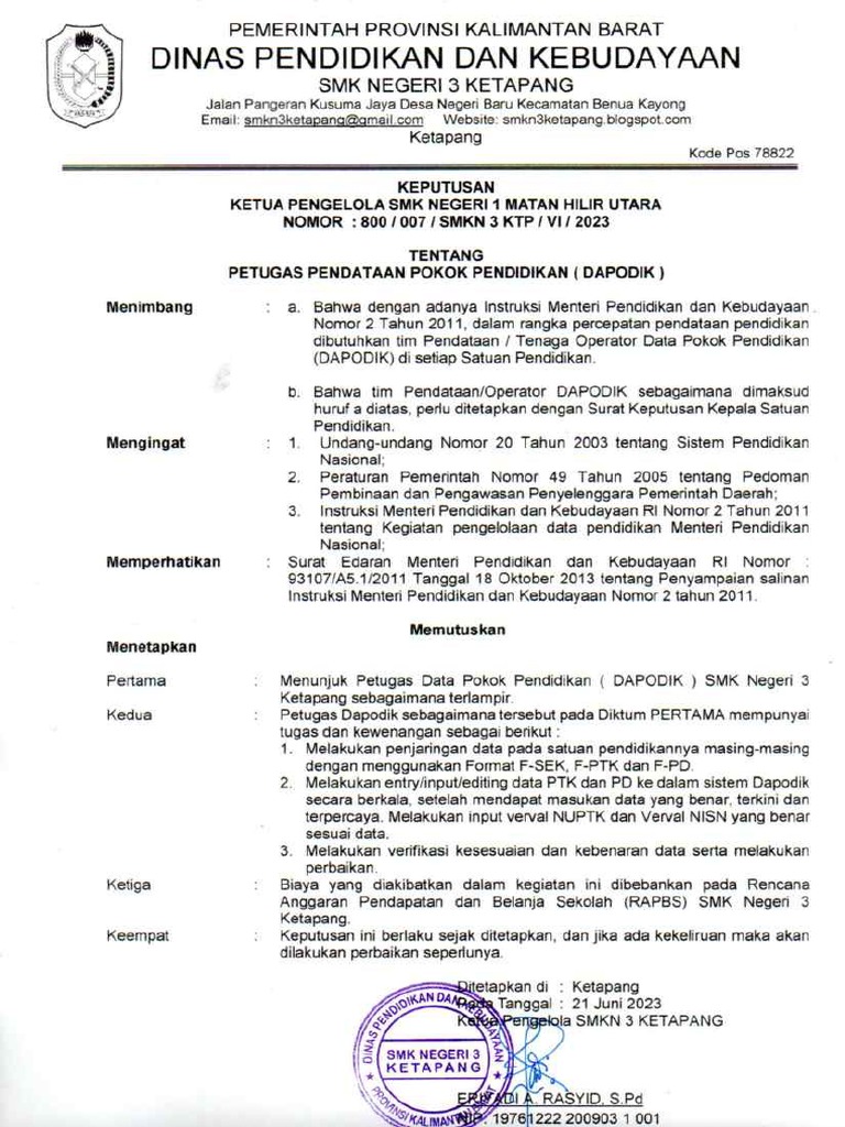Contoh Format SK OPERATOR DAPODIK | PDF