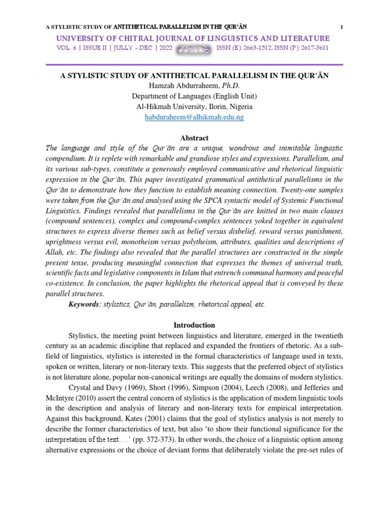A Stylistic Study of Antithetical Parallelism in The Qur'Ān: Habduraheem@alhikmah - Edu.ng | PDF