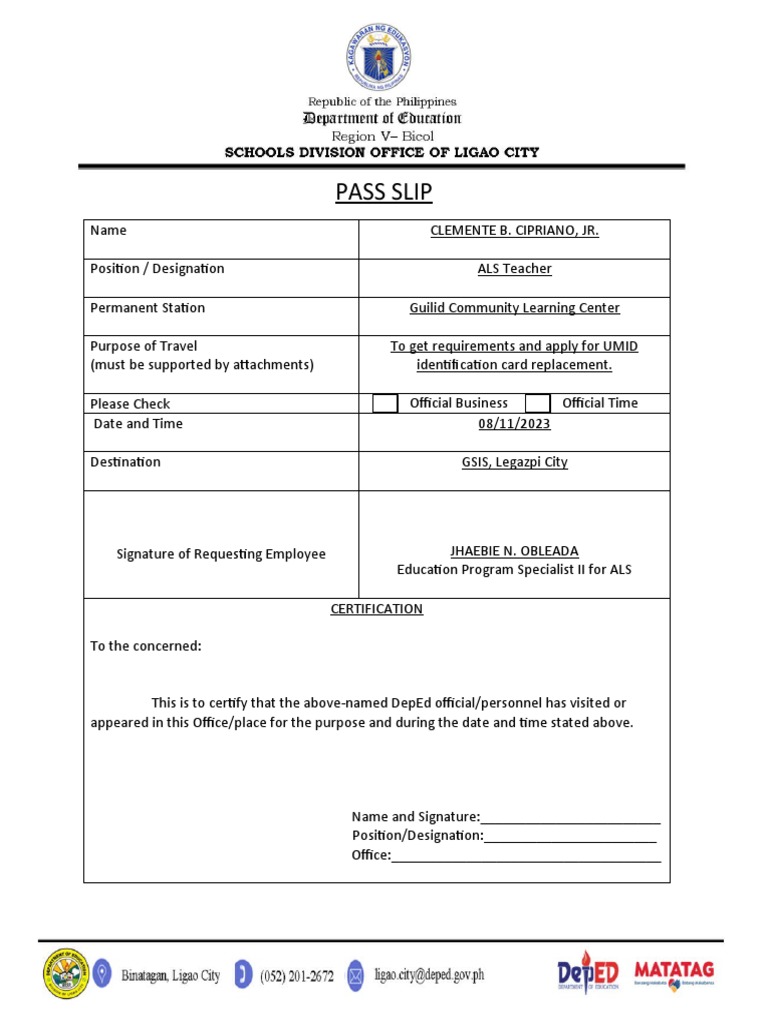 UMID Card Replacement Pass Slip | PDF