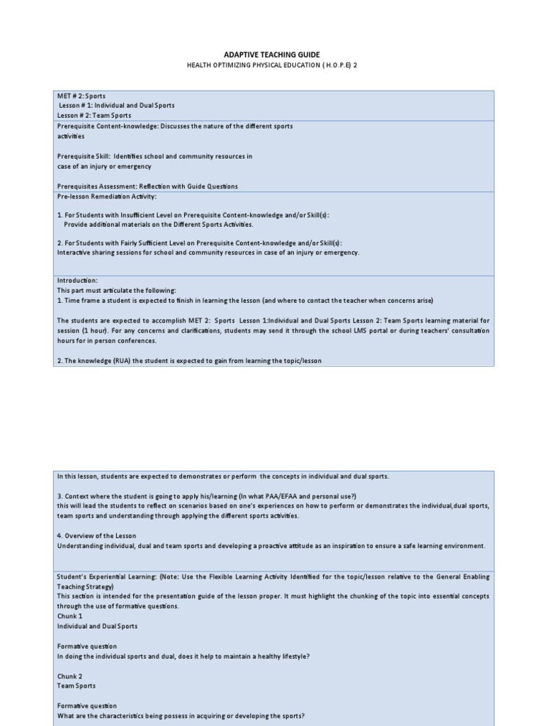 ADAPTIVE TEACHING GUIDE Dominic | PDF | Learning | Sports