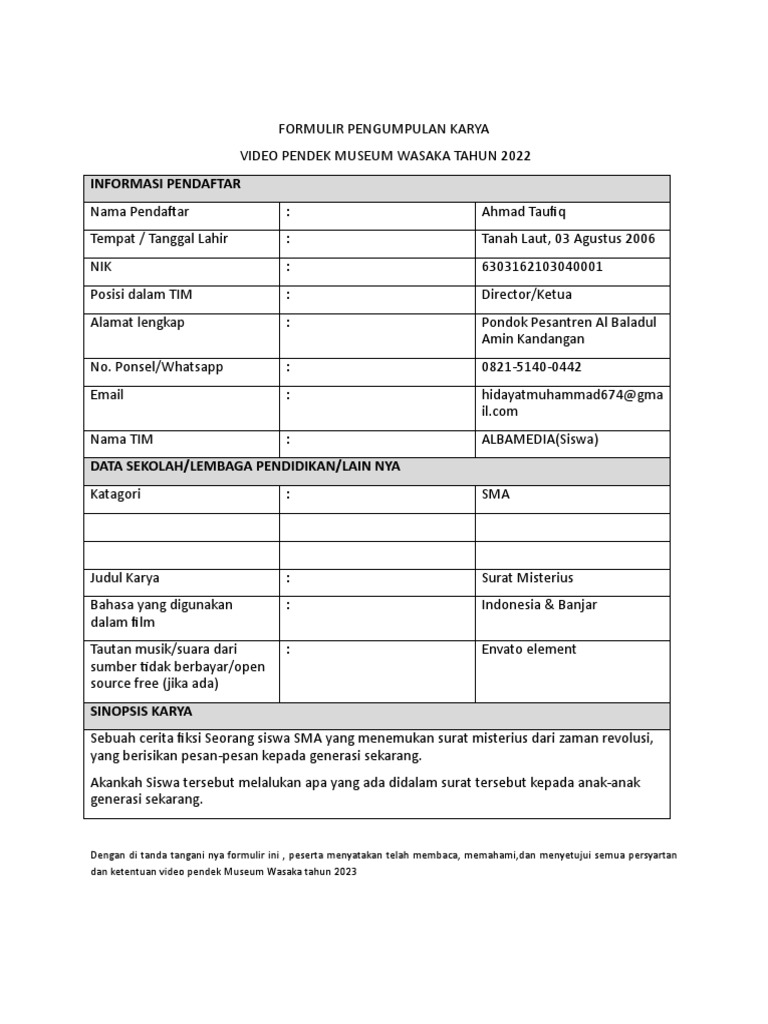 Formulir Pengumpulan Karya | PDF